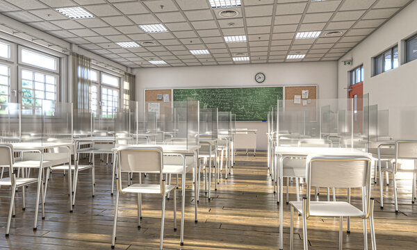 interior of a school with desks equipped with protective plexiglass ...